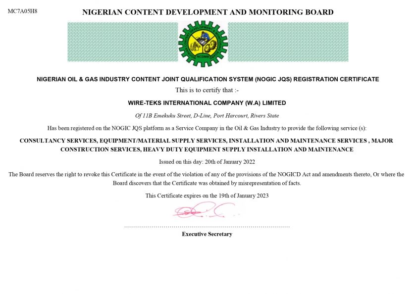 NCDMB Nogic Registration Certificate-Wir-Teks – Wireteks Int’l Co. (W.A.) Ltd